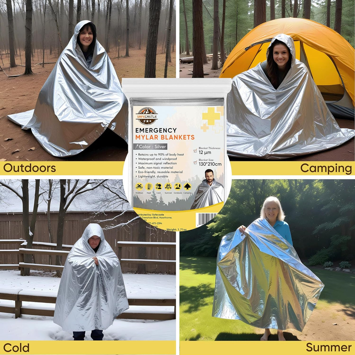 SAFECASTLE Emergency Mylar Blankets | Thermal First Aid Foil Blanket ...